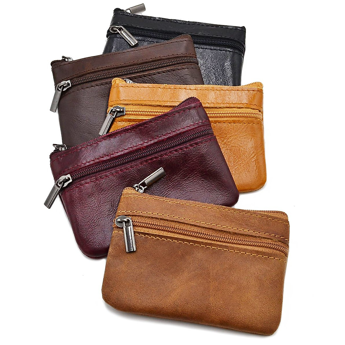 Women Genuine Leather Coin Pouch Zip Mini Purse Wallet Key Chain Double Zipper