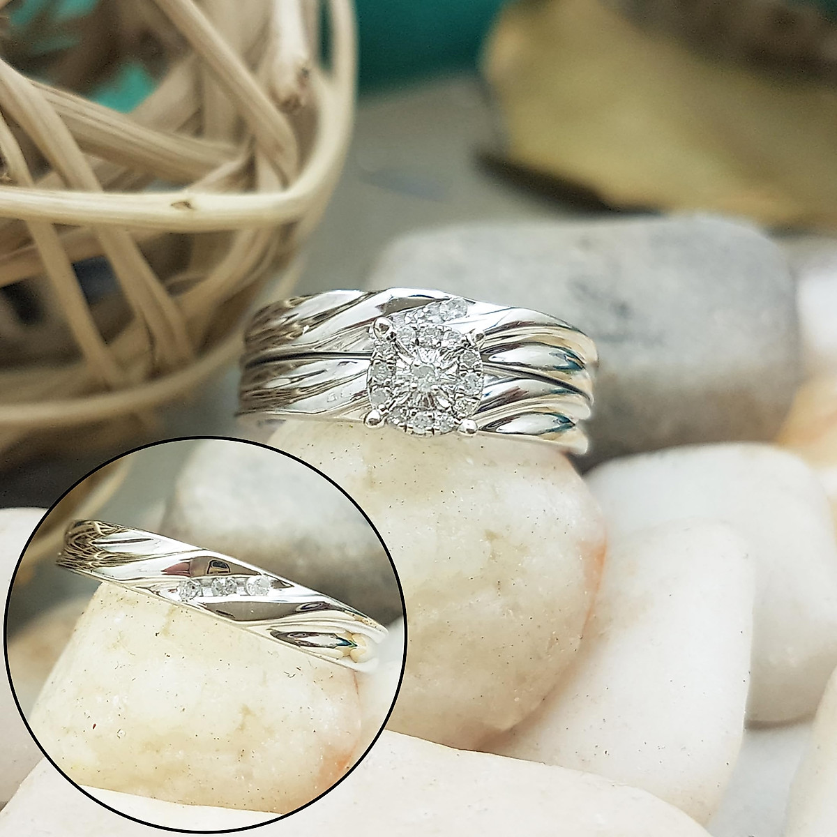 Dazzlingrock Collection 0.15 ctw Round White Diamond Halo Style Trio Ring Set in 925 Sterling Silver, Women Size 7 & Men Size 10