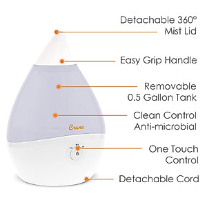 Crane Droplet Ultrasonic Small Air Humidifiers for Bedroom and Office, 0.5 Gallon Cool Mist Humidifier for Plants and Home, Humidifier Filters Optional, White