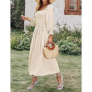 ZESICA Women's Casual Square Neck 3/4 Puff Sleeve Solid Color Smocked High Waist Flowy Midi Dress,Beige,Small
