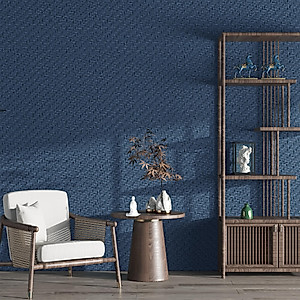 Haimin Fabric Wallpaper Textured Contact Paper (24in X 393in) Navy Blue Grasscloth Wallpaper Peel and Stick Faux Linen Wall Paper Self-Adhesive Vinyl Wallpaper Looks Like Woven Straw…