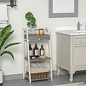 keomaisyto 3-Tier Bathroom Ladder Shelf, Bathroom Floor Storage Shelf with Drawer, Freestanding Tower Shelf, Open Shelving Unit for Bathroom Living Room Balcony