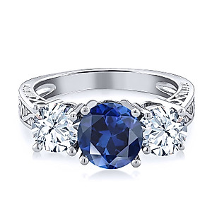 Gem Stone King 925 Sterling Silver Blue Created Sapphire 3 Stone Engagement Ring For Women (3.17 Cttw, Available In Size 5, 6, 7, 8, 9)