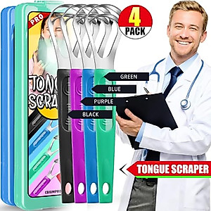 Cbiumpro 4-Pack Tongue Scraper for Adults & Kids, Stainless Steel Tongue Cleaner with Travel Case, Reduce Bad Breath