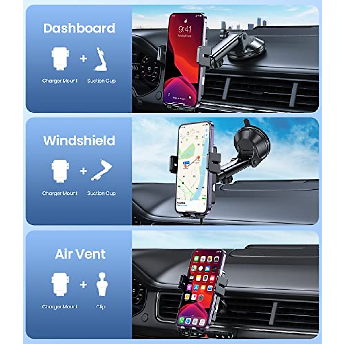 Wireless Car Charger, MOKPR 15W Fast Charging Auto-Clamping Car Mount Universal Hands-Free Car Charger Mount for Dash Windshield Air Vent Compatible with iPhone 15/14/13/12, Samsung S23/S22/S21 Black