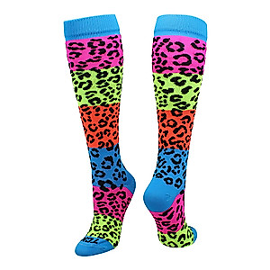 TCK Neon Rainbow Fun Print OTC Socks (Leopard Print, Small)