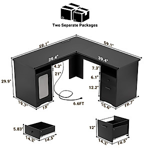 Unikito L Shaped Desk with Drawers, 60 Inch Office Desk with Power Outlet & USB Charging Port, Large Corner Computer Desk with File Cabinets, 2 Person Sturdy Executive Desk with Storage Cabinet, Black