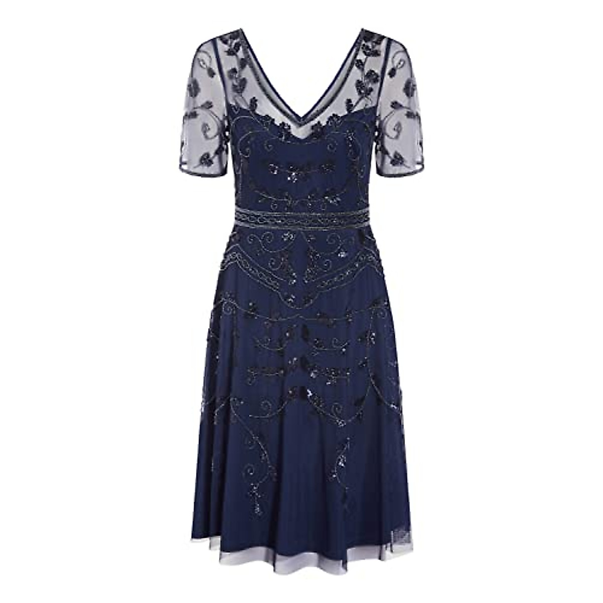 Adrianna Papell Women's Beaded MIDI Dress, Light Navy, 6