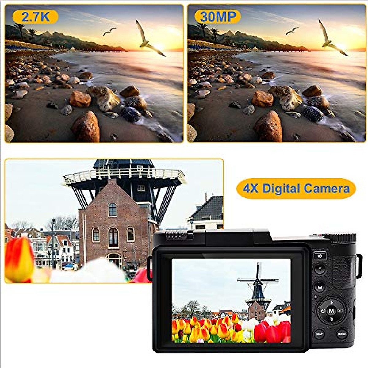 CEDITA 2.7K Digital Camera Vlogging Camera 30MP Full HD Digital Camera with Retractable Flash Light Camera 3 Inch Flip Screen Vlogging Camera for YouTube with Two Batteries, Black