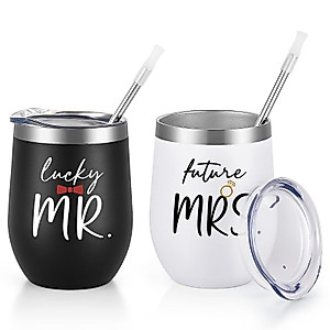 Lifecapido Couples Gifts - Lucky Mr Future Mrs Wine Tumblers Set of 2, Wedding Gifts Engagement Gifts Bridal Shower Gifts for Couples, Fiancee Fiance, Bride Groom, Mr Mrs, Black and White