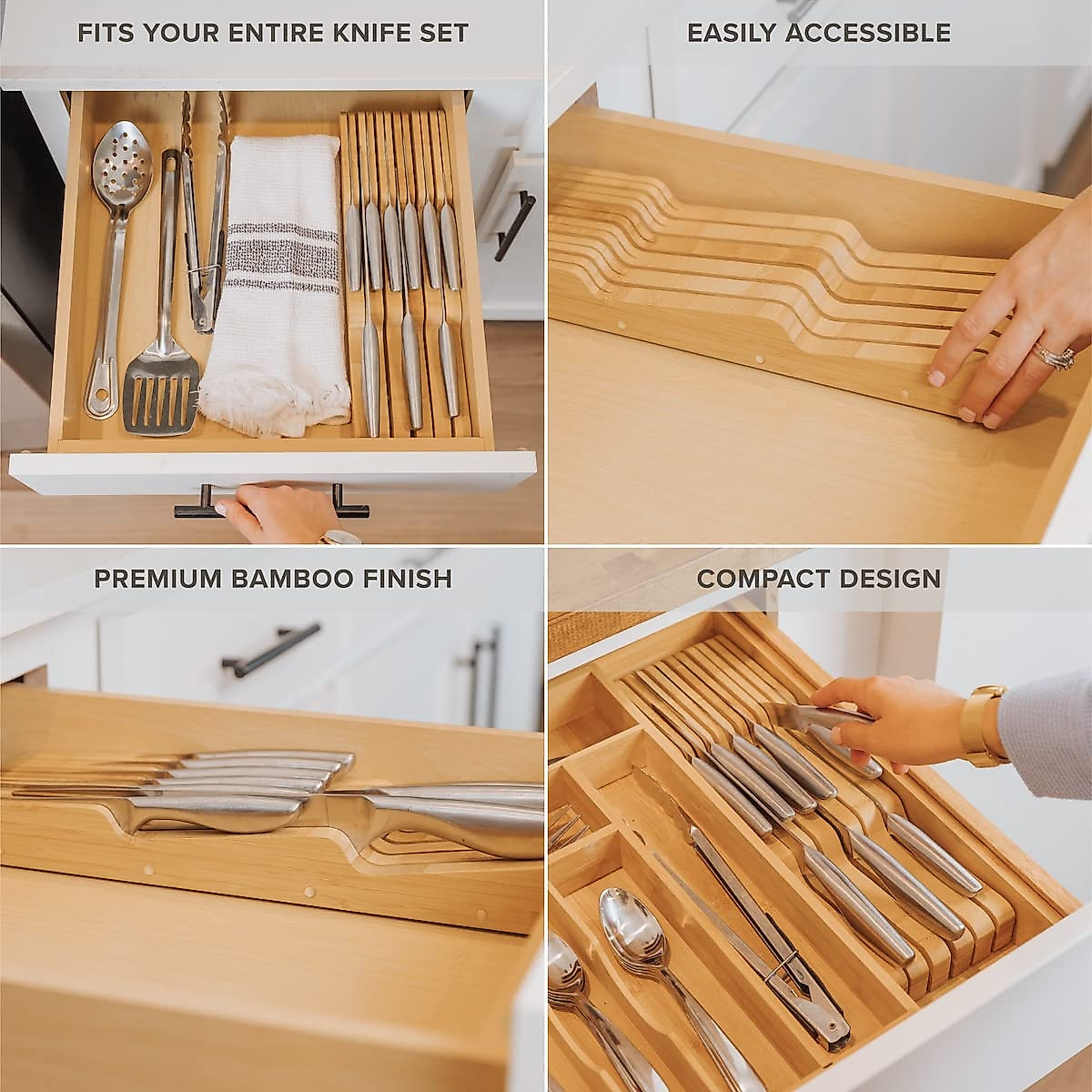 Bamboo Kitchen Knife Block Holder Organizer - Holds 5 Long + 6 Short Knives (Not Included), Fits Most Knife Sizes, Rubber Feet, Sustainable Bamboo, In-Drawer Design