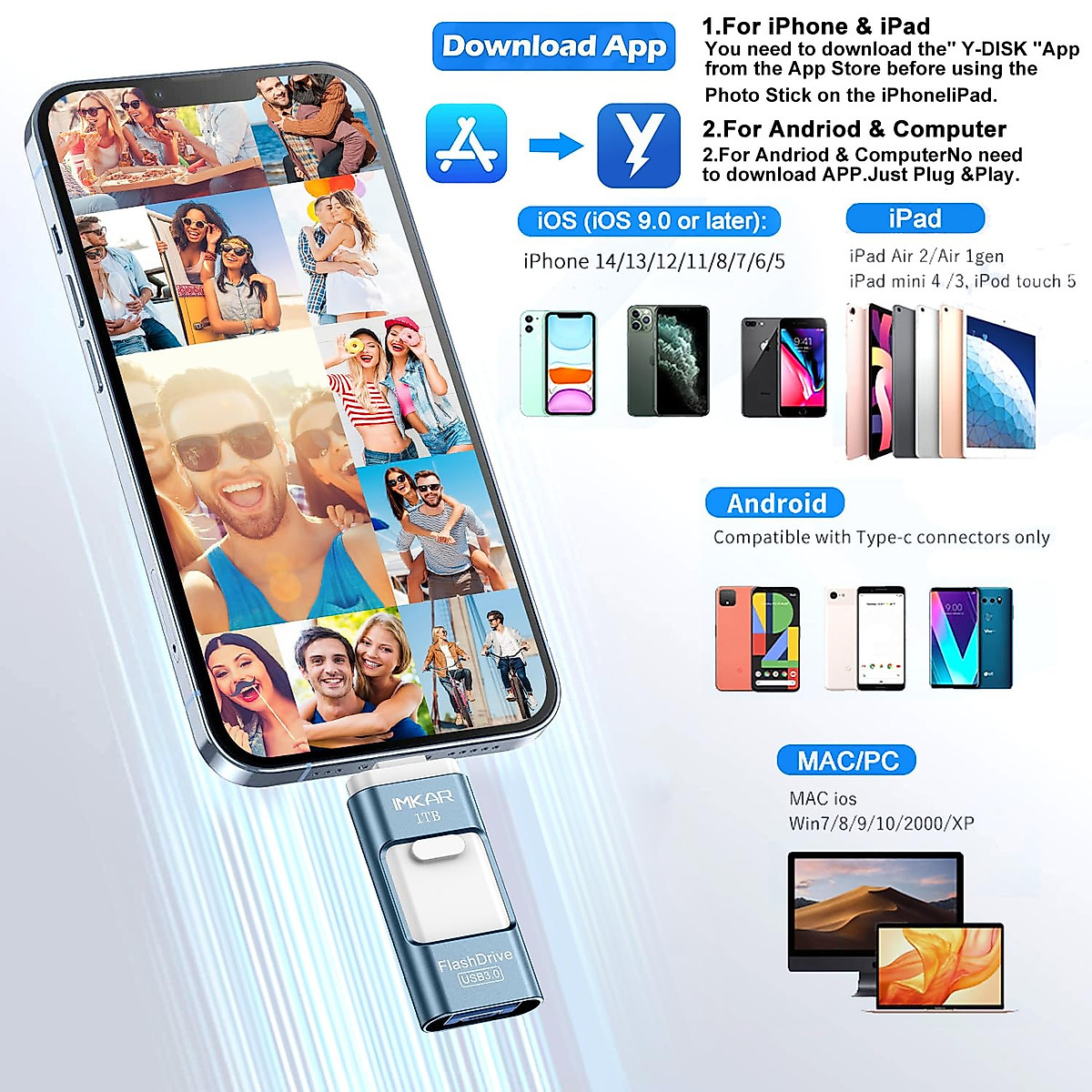 IMKAR 1TB Photo Stick for iPhone Flash Drive, iPhone Memory Stick Thumb Drives USB Stick External Storage Compatible with iPhone/iPad/Android/PC (Blue)