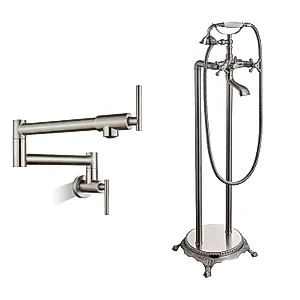 Cinwiny Pot Filler Wall Mount Kitchen Restaurant Sink Faucet Stainless Steel Floor Mounted Bathtub with Brushed Nickel Freestanding Faucet Tub Filler With Handheld Shower Spray