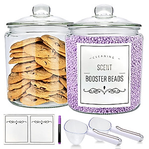 Encheng 1 Gallon Glass Jars with Lids and Scoops,Clear Glass Storage Containers with Labels for Laundry Room Organization,Large Glass Canisters Set for Kitchen Pantry,Laundry Supplies,Bathroom,2 Pack