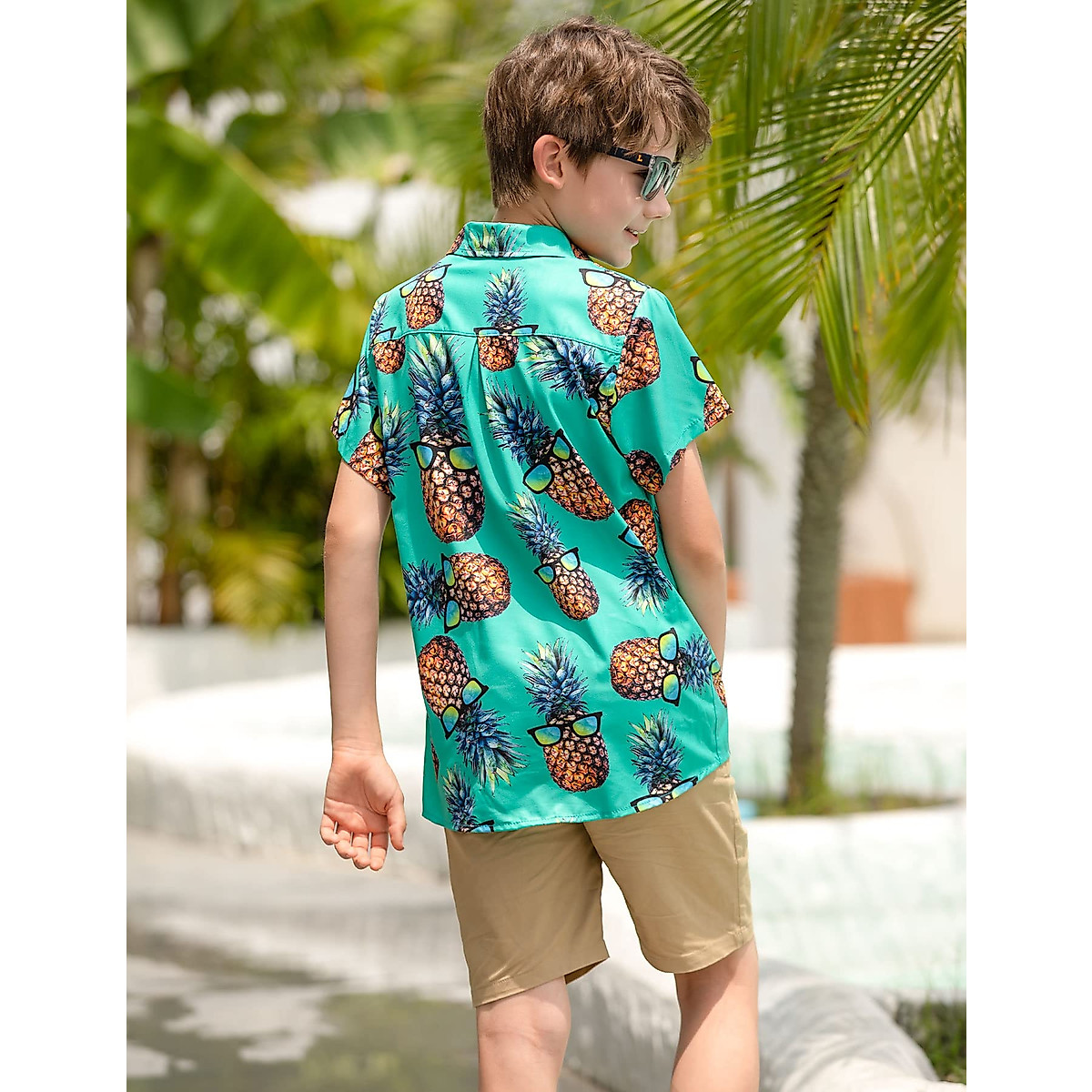 UNICOMIDEA Boys Hawaiian Shirts Kids Tropical Shirt Short Sleeve Luna 3D Graphic Green Pineapple Teens Button Up Clothes Hawaii Beach Holiday T Shirt for 9 10 Years
