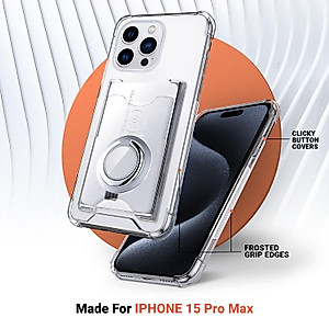 Shields Up Designed for iPhone 15 Pro Max Case, Minimalist Wallet Case with Card Holder (3 Cards) & Ring Stand, [Drop Protection] Slim Protective Cover for iPhone 15 Pro Max (6.7 inch) - Clear