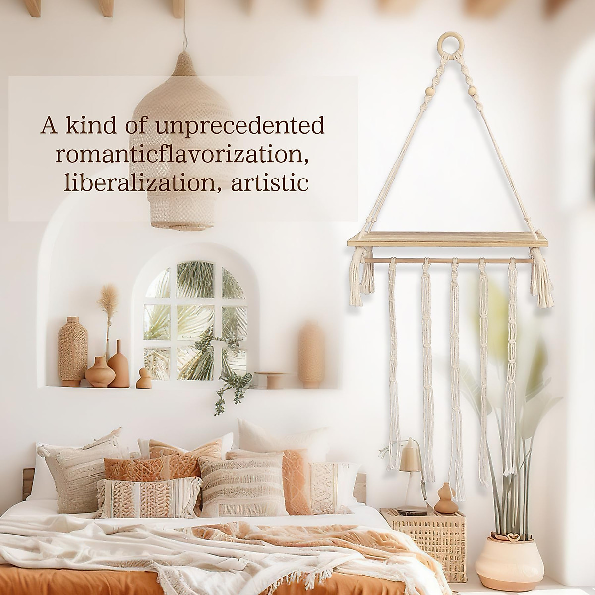 BAMFOX Hanging Wall Shelves,Swing Rope Floating Shelf,Bohemian Chic Macrame Window Storage Shelves for Living Room/Bedroom/Bathroom Decor