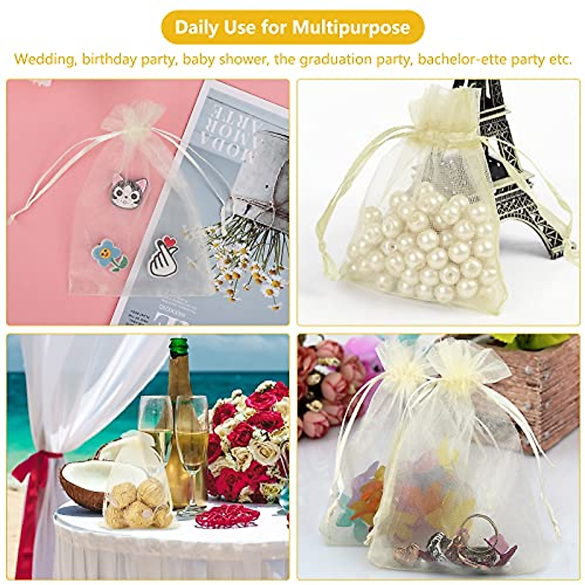 LGCLGY 100PCS Organza bags 4 x 6 inch, Mesh Jewelry Bag, Organza Drawstring Bags, Wedding Favor Bags With Drawstring, Jewelry Bags/Pouches for Wedding Party Christmas Favor Gift Bags (Beige)