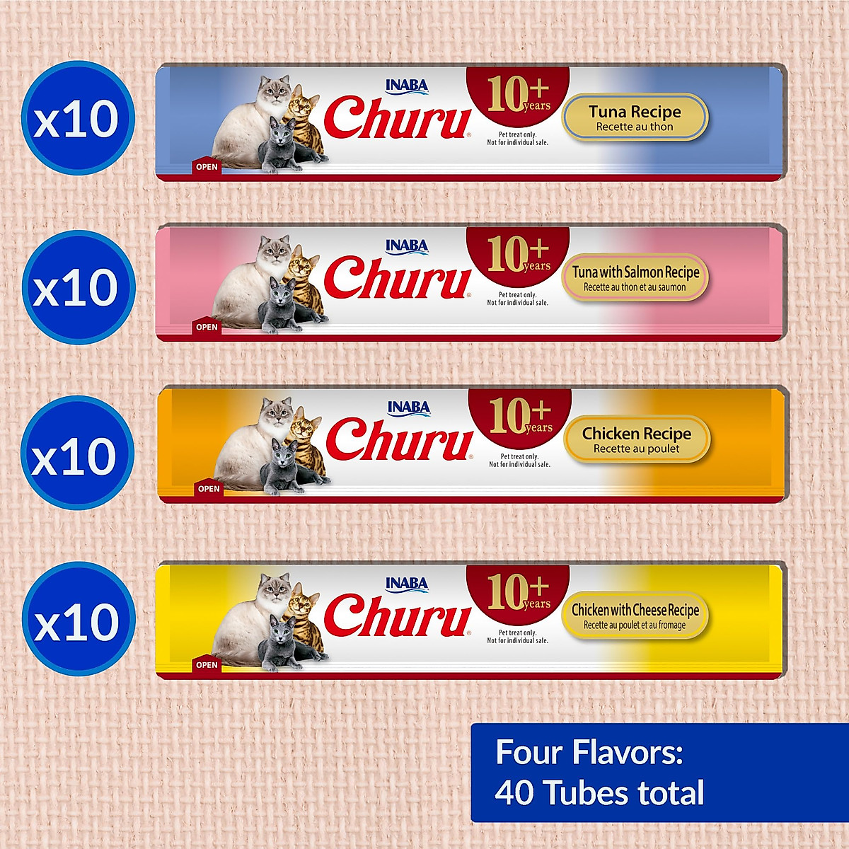 INABA Churu for Senior 10+, Creamy Lickable Cat Treats with Taurine, Vitamin E & C, 0.5 Ounces Each, 40 Tubes, Tuna & Chicken Variety