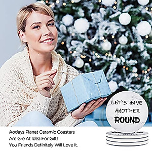 AODAYS Coasters for Drinks with Holder, White Marble-Style Absorbent Round Ceramic Drink Coaster, Bar Coaster with 6 Sayings, Set of 6 with Cork Base (Funny)