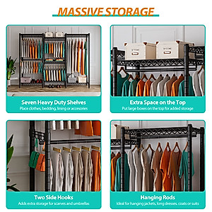 PUNION Heavy Duty Clothes Rack,Wire Garment Rack for Hanging Clothes,Multi-Functional Bedroom Clothing Rack with 5 Hanger Rod,7 Shelves,2 Side Hooks,Extra Wide 86"W X18”D X77”H, Max Load 1500LBS,Black