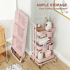 DTK 3 Tier Foldable Rolling Cart, Metal Utility Cart with Lockable Wheels, Folding Storage Trolley for Living Room, Kitchen, Bathroom, Bedroom and Office, Pink