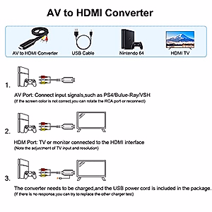 Wiistar RCA to HDMI Converter 1080P CVBS Composite AV to HDMI Video Audio Cable Converter Adapter for PS3 TV STB PC Laptop VHS VCR Camera DVD Players