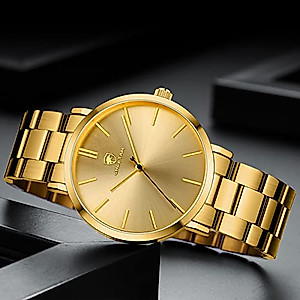 GOLDEN HOUR Men's Watches Slim Minimalist Runway Gold Plated Stainless Steel Quartz Analog Watch with Black Hands