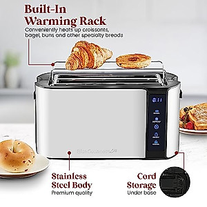 Elite Gourmet ECT5322 Long Slot 4 Slice Toaster, Countdown Timer, Bagel Function, 6 Toast Setting, Defrost, Cancel Function, Built-in Warming Rack, Extra Wide Slots for Bagels Waffles, Stainless Steel