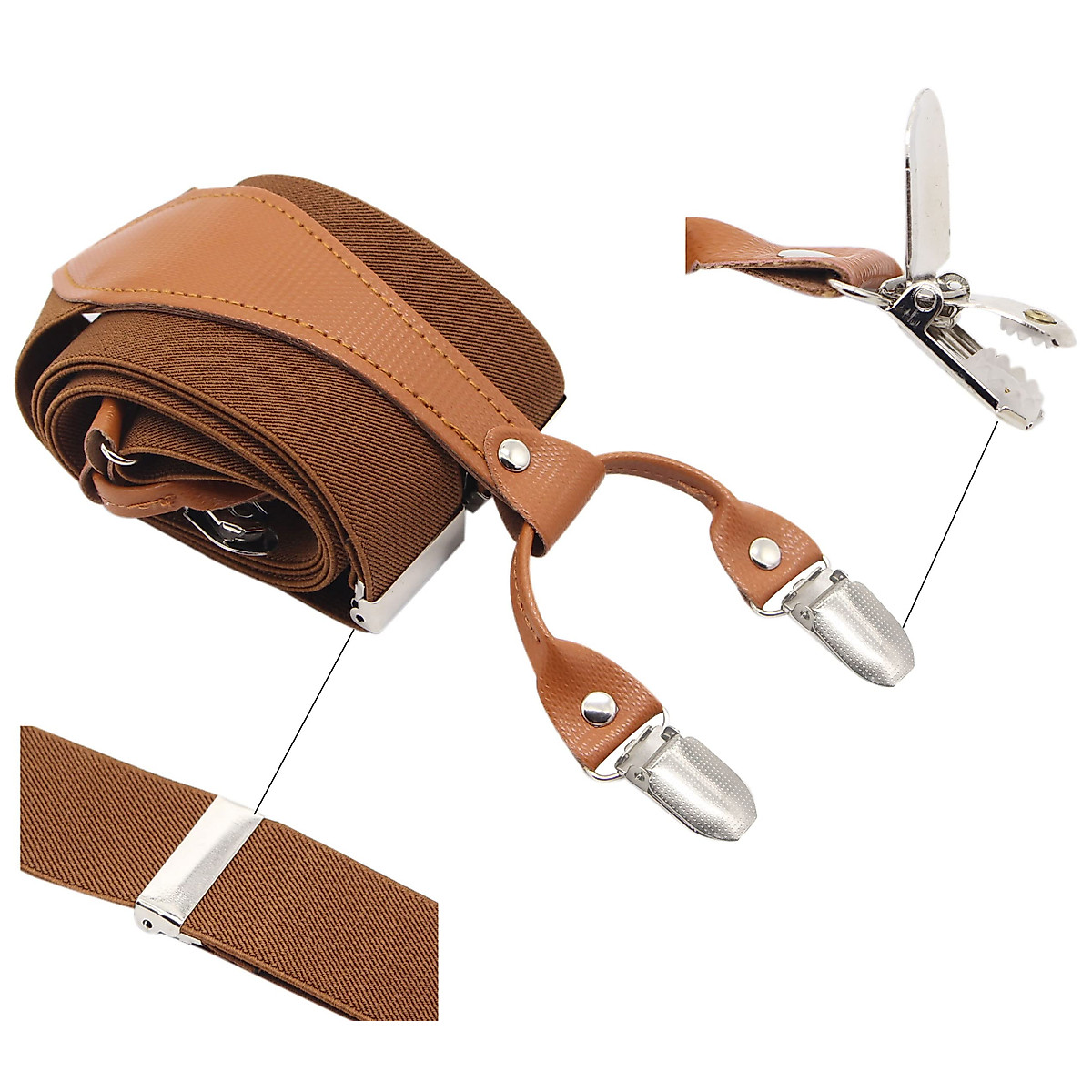 Timiot Mens Suspender Wide Leather 6 Metal Clips Adjustable Straps Y Shape (Coffe)