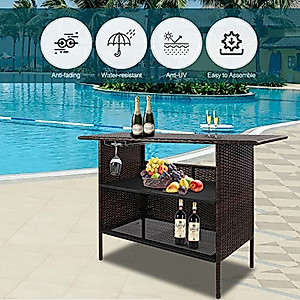 ALBOMI Large 3-in-1 Outdoor Rattan Bar Table with 2 Sets of Rails & 2 Storage Shelves, Heavy-Duty 54'' Bar Counter Table for Outside Backyard Poolside Garden, Brown