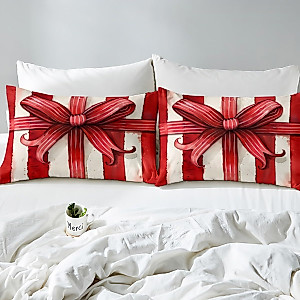 jejeloiu Girls Bowknot Bedding Set Dreamy Princess Style Duvet Cover King Size for Kids Teens Stripes Geometric Comforter Cover Set Christmas Xmas Theme Bedspread Cover with 2 Pillow Case