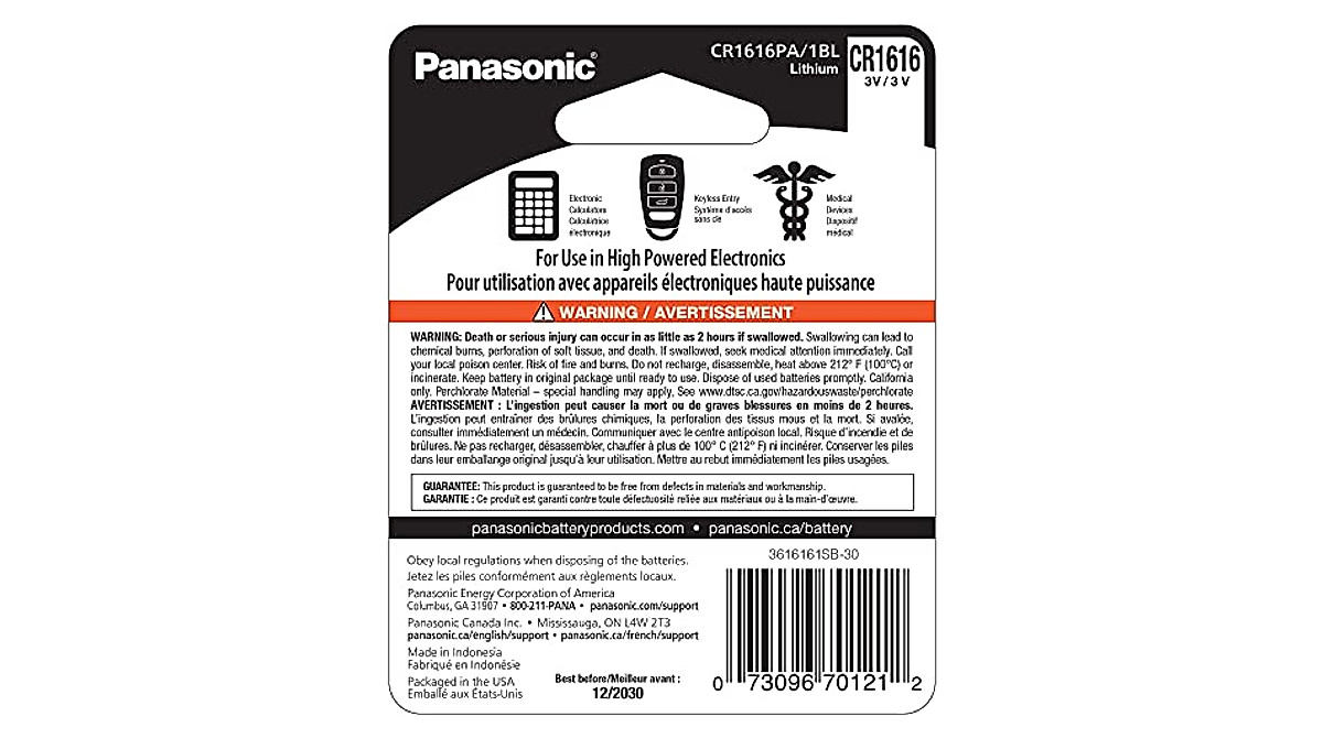 Panasonic CR1616 3V Lithium Coin Cell Battery - Long Lasting & Reliable