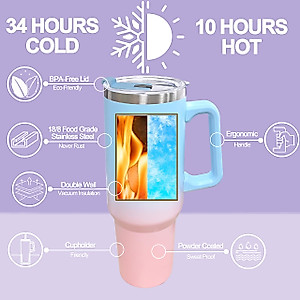 40 oz Tumbler with Handle and Straw-Stainless Steel Insulated Tumbler with Straw, Water Bottle with Straw and Handle, Insulated Cup with Handle Keeps Cold for 34Hrs or Hot for 10Hrs（Pinkblue)