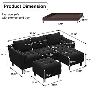 Belffin Black Velvet Fabric U Shaped Sectional Couch with Chaise Small Reversible Sectional Sofa Couch 4-Seater Sectional Sofa Sleeper with Storage Ottoman Foot Rest for Apartment