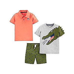 Simple Joys by Carter's Baby Boys' 3-Piece Playwear Set, Coral Orange Elephant/Green Dinosaur/Grey Alligator, 3T