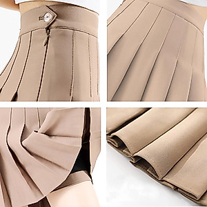 SHOOYING Women's Pleated Short Skirt High Waist Tennis Plain A-line Mini School Uniform Short Skirt with Lining Shorts, Light Khaki, US Size M