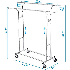 Tajsoon Clothes Rack,Collapsible Heavy Duty Garment Rack,Extendable Standard Double Rods Clothes Hanging Rack,Commercial Clothing Display Stand,Adjustable Rolling Clothes Organizer With Wheels,Chrome