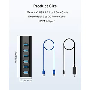 USB Hub, Aiibe 6 Ports Super High Speed USB 3.0 Hub Splitter + 10W Power Adapter + USB 3.0 Cable, Black Smart Fast Charger Powered USB Hub for Laptop, Mac, PC, Mobile HDD, Mulitple Devices