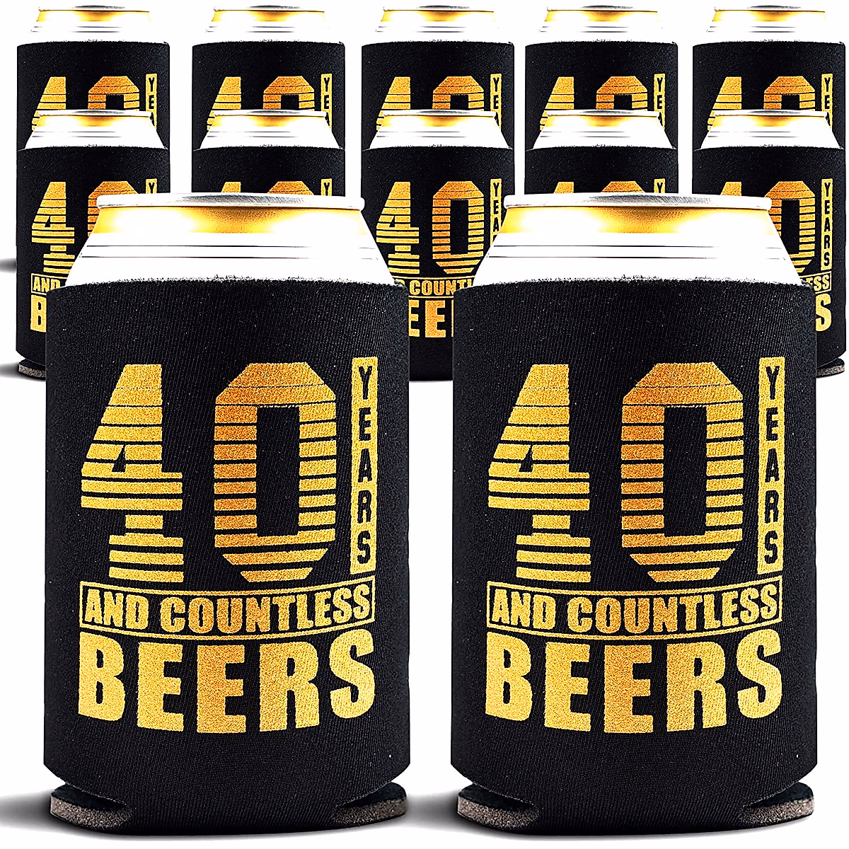 Happy 40th Birthday Insulated Can Cover 12 Pack - Birthday Favors for Men and Women - Printed on Both Sides Fits All Cans and Bottles - Thermocooler Beverage Sleeve - Black & Gold (Original, Regular)