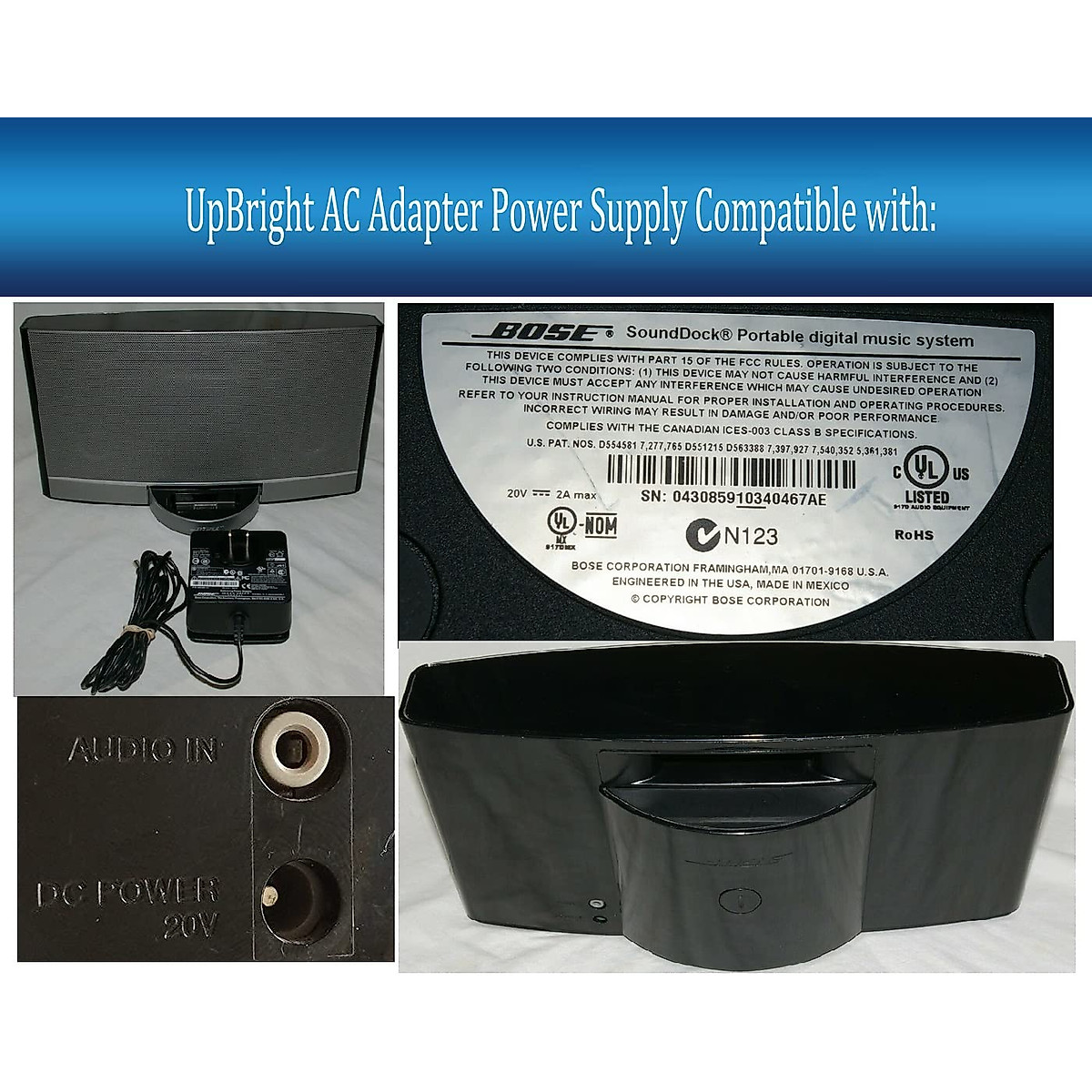 UpBright 20V 2A AC/DC Adapter Compatible with Bose SoundDock Digital Music System Speaker 301141-001 301141-012 306386-101 N123 95PS-030-CD-1 43085 354405-0050 AM301141 002 AM306386-101 Power Charger