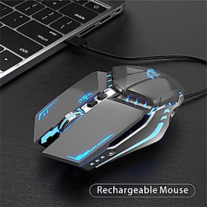 TENMOS T12 Wireless Gaming Mouse Rechargeable, 2.4G Silent Optical Wireless Computer Mice with Changeable LED Light for Laptop PC, 7 Buttons, 3 Adjustable DPI (Grey)