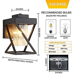 Delicavy Small Outdoor Wall Lights Exterior Light Fixtures Wall Mount Porch Light Waterproof Black Finish with Crackle Glass, Modern Outdoor Wall Sconce for House Garage, Front Door, Patio, Hallway