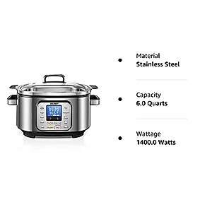 Slow Cooker, HOUSNAT 10 in 1 Programmable Cooker, 6Qt Stainless Steel, Rice Cooker, Yogurt Maker, Delay Start, Steaming Rack and Glass Lid, Adjustable Temp&Time for Slow Cook with Digital Timer