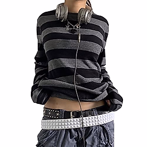 NaranjaBurbuja Y2k Fairy Grunge Graphic Long Sleeve Tees Tops Women E-Girls Aesthetic Gothic Skull Print Baggy T Shirts Emo Clothes K-black Stried 14