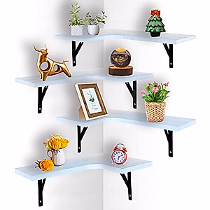 Asvor Clark Corner Floating Shelves White, Floating Corner Shelf Wall Mounted Set of 4, Floating Wall Shelves for Bedroom, Living Room, Bathroom, Kitchen, Office
