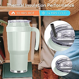 Rietore 40 oz Tumbler with Handle and Straw, Stainless Steel Tumblers Insulated Tumblers with Lids Double Wall Vacuum Coffee Travel Mug, Sweat Proof, Leak Proof, Light Emerald