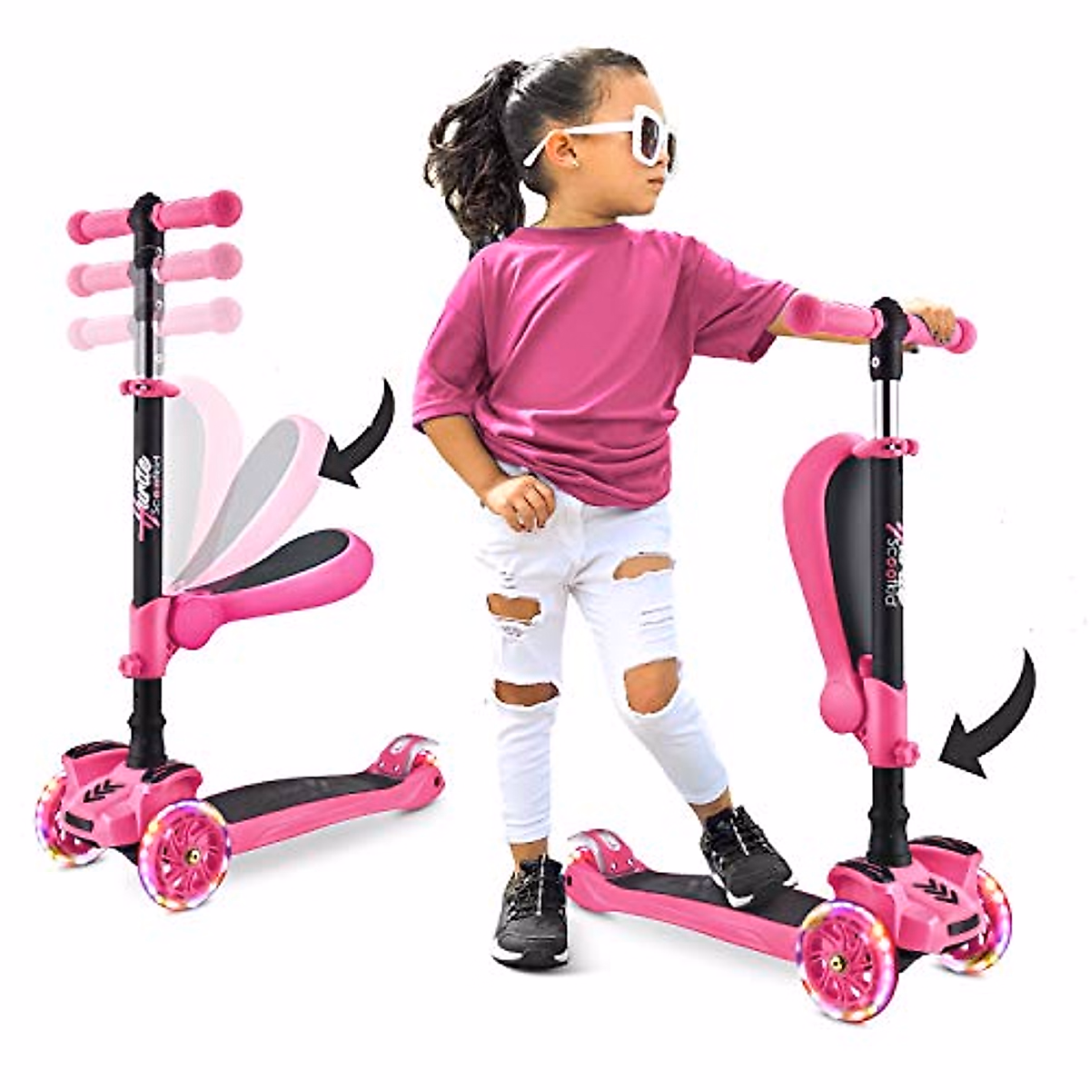 Hurtle 3-Wheeled Scooter for Kids - Wheel LED Lights, Adjustable Lean-to-Steer Handlebar, and Foldable Seat - Sit or Stand Ride with Brake for Boys and Girls Ages 1-14 Years Old - Pink