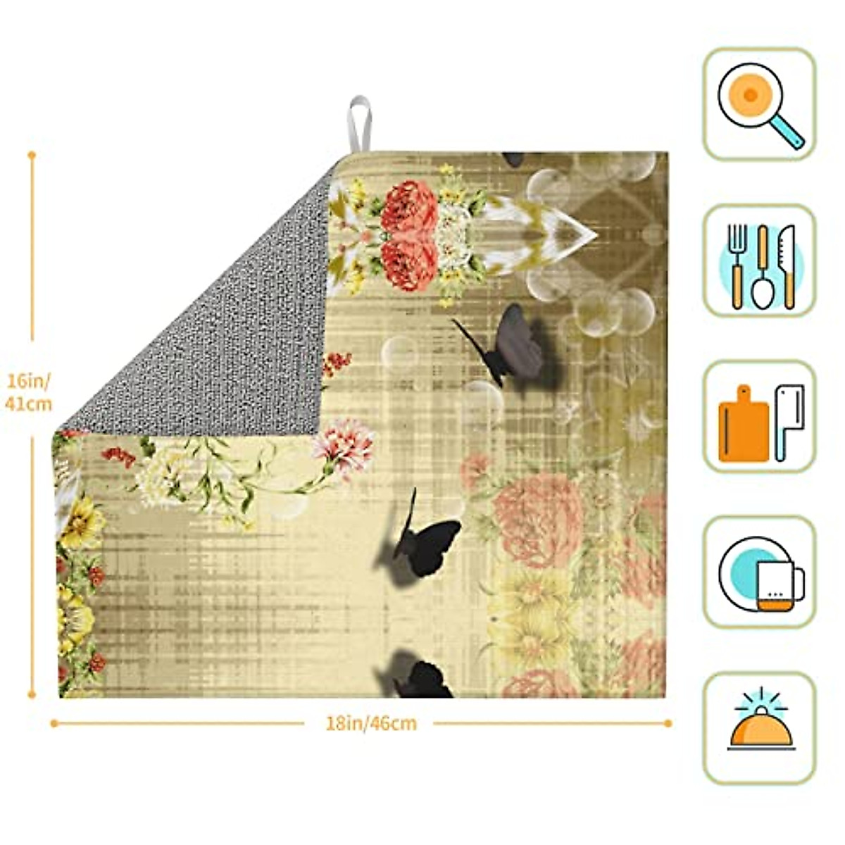 Flowers Butterfly Printed Drying Mat For Kitchen Ultra Absorbent Microfiber Dishes Drainer Mats Non-Slip Silicone Quick Dry Pad - 18 X 16inch