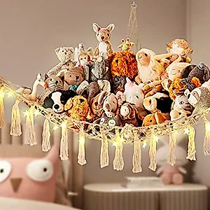 Stuffed Animal Net or Hammock Stuffed Animal Storage with Led Extra Large Stuffed Animal Net Boho Toy Hammock for Stuffed Animals Plush Cream Toy Storage Holder for Kids Bedroom (White)